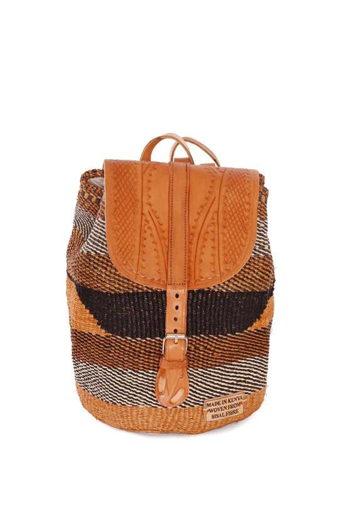 Handwoven Sisal Backpack With Leather Flap, African Handmade Rucksack ...