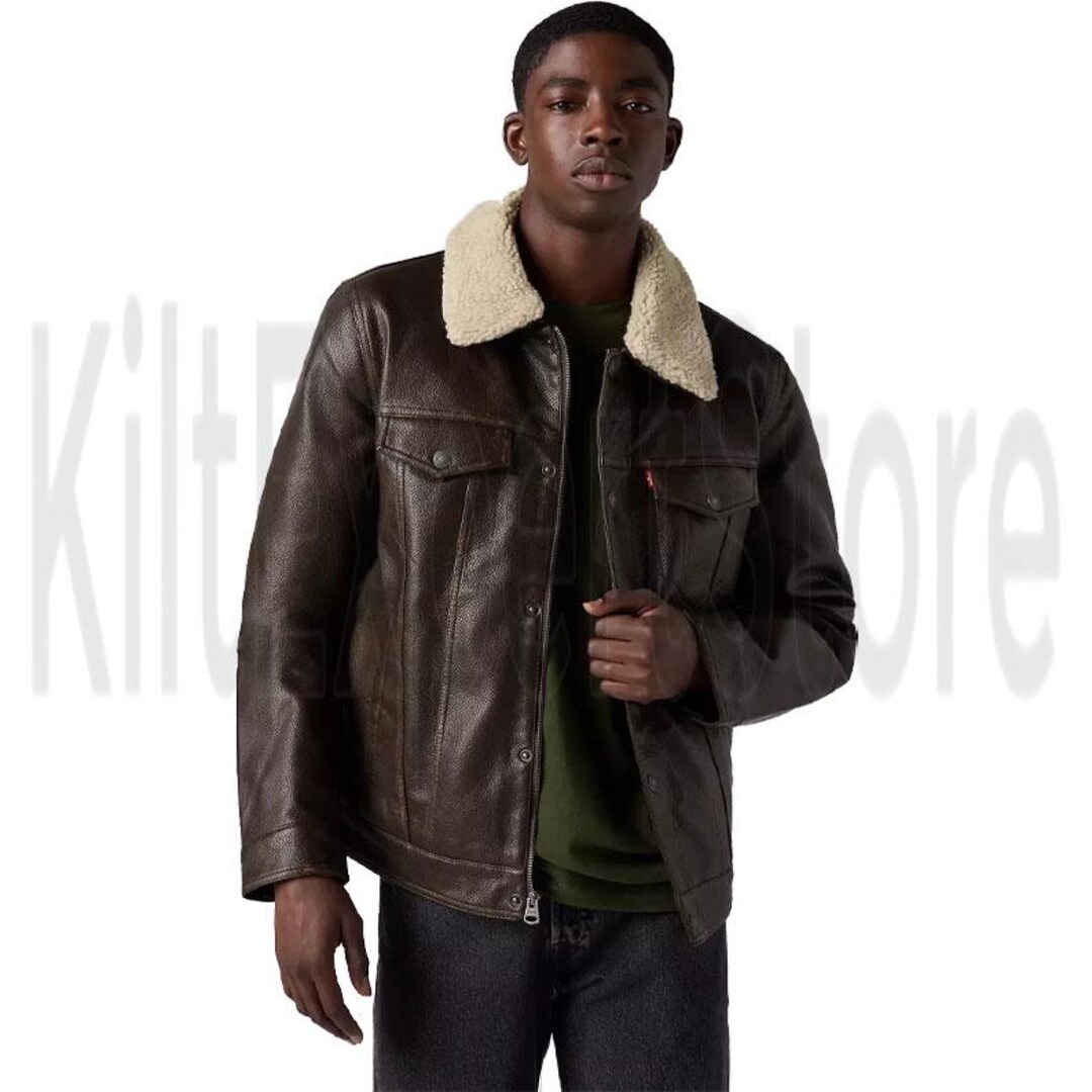 Faux Leather Trucker Sherpa Jacket for Men - Etsy