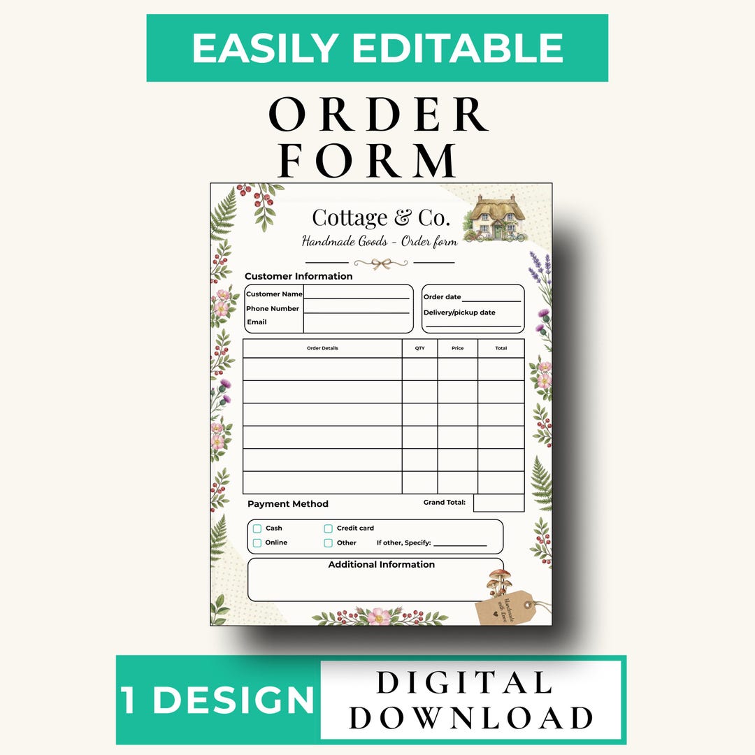 Editable Cottage Business Order Form Template | Small Business ...