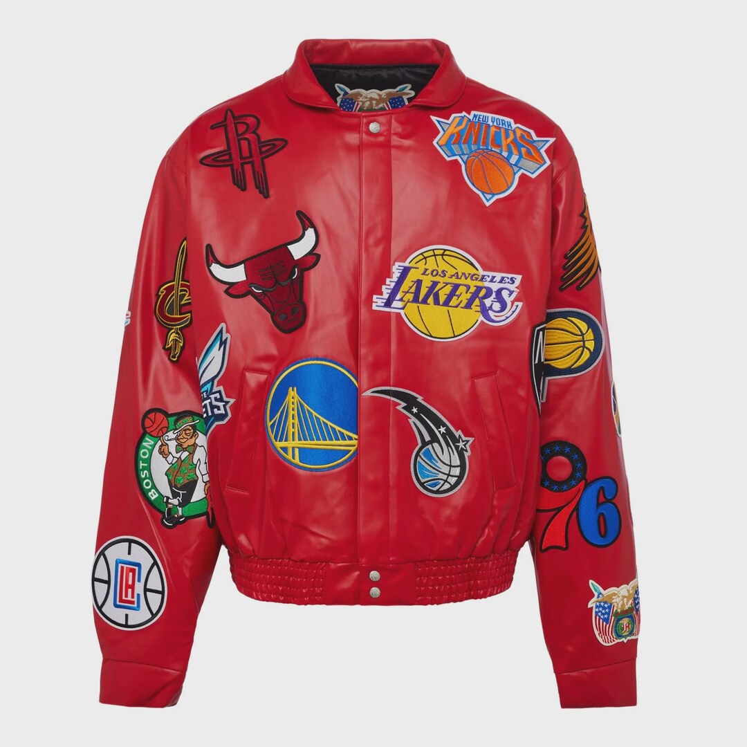 Red NBA Collage Vegan Leather Jacket – Bold Urban Sports Statement - Etsy