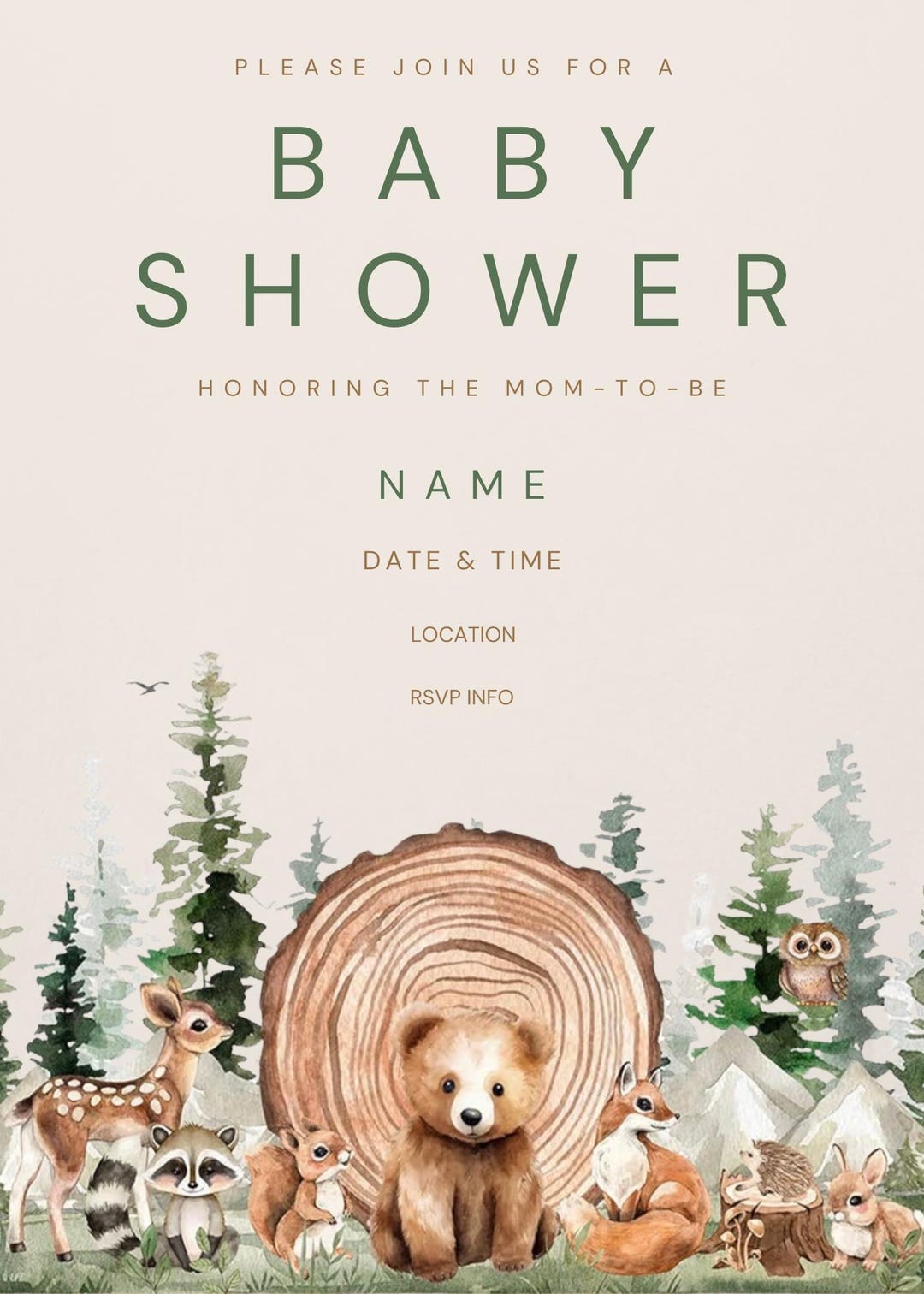 Woodland Baby Shower Invitation | Rustic Forest Animals (editable ...