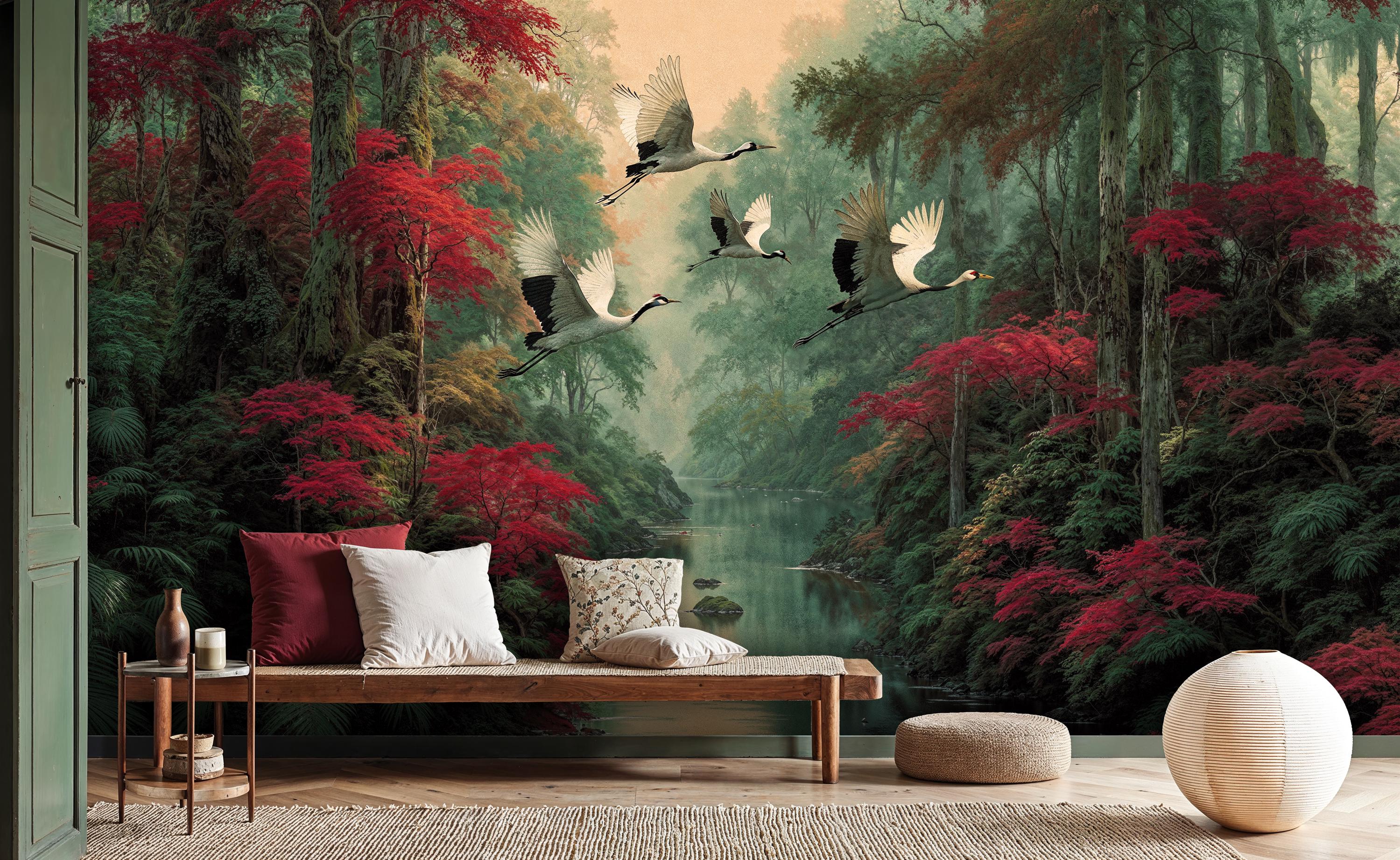 Cranes Over Misty Maple Forest Wall Mural: Japanese Landscape Peel and ...