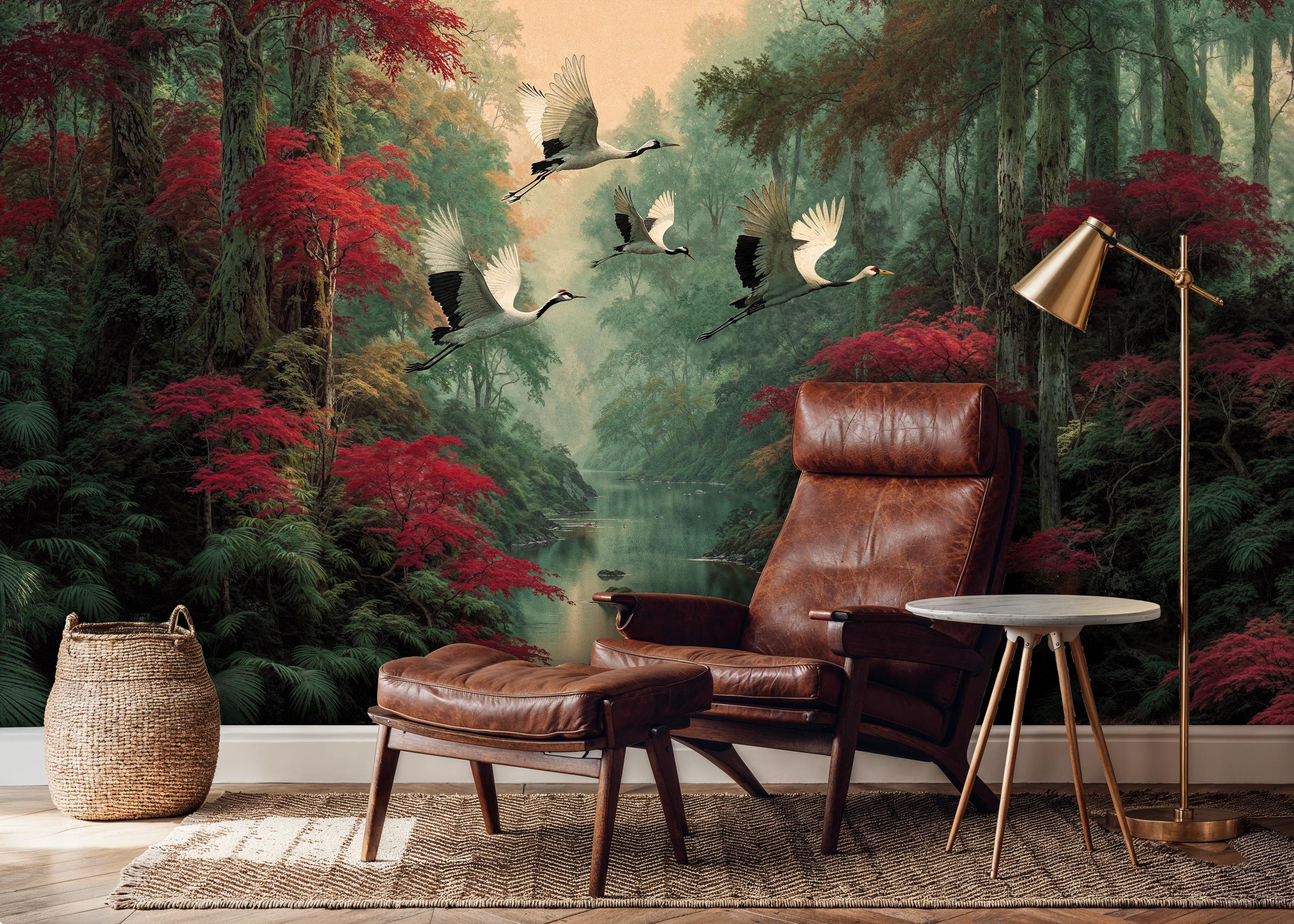 Cranes Over Misty Maple Forest Wall Mural: Japanese Landscape Peel and ...