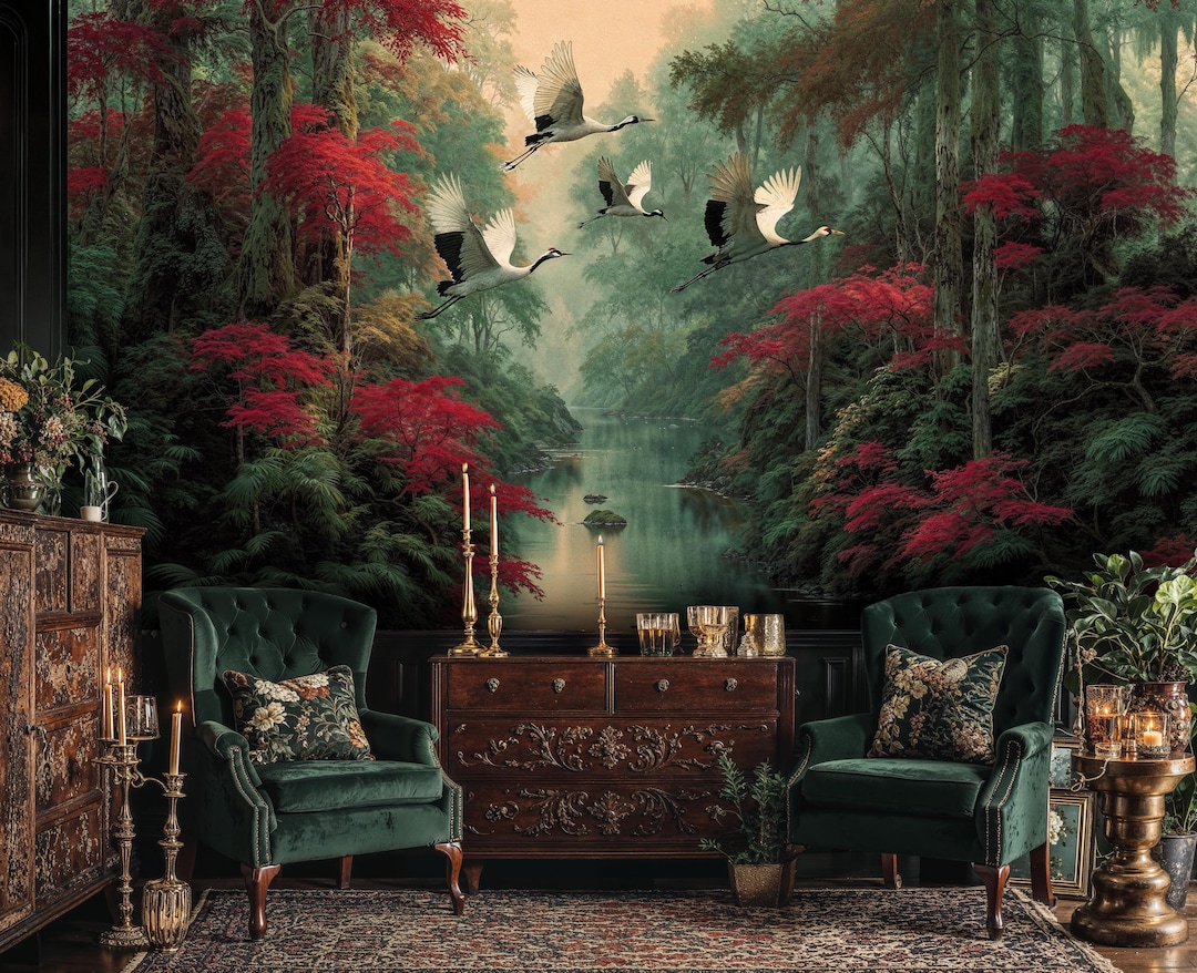 Cranes Over Misty Maple Forest Wall Mural: Japanese Landscape Peel and ...