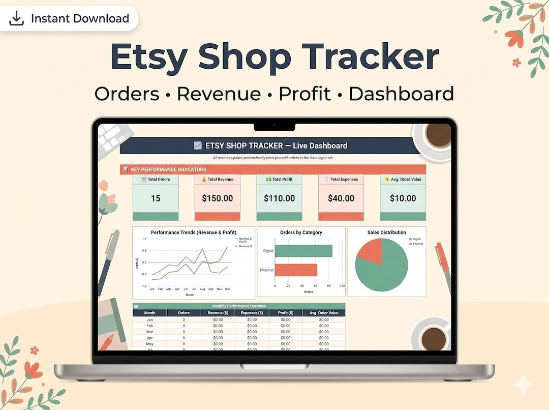 Etsy Shop Tracker Spreadsheet, Orders Revenue Profit Dashboard (digital ...