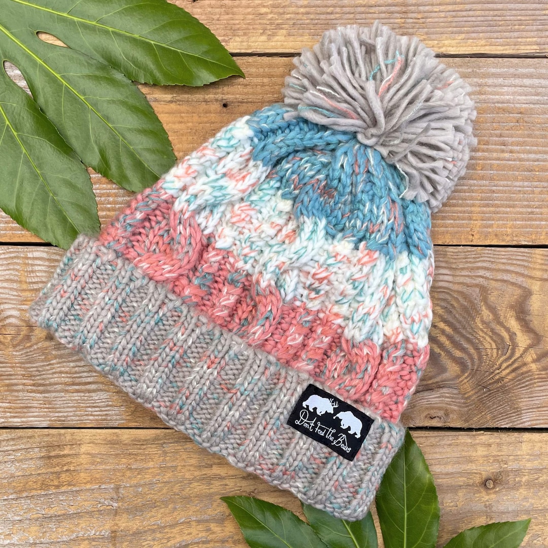 Chunky Knit Bobble Hat, Winter Hat, Women's Pale Pink and Blue Beanie ...