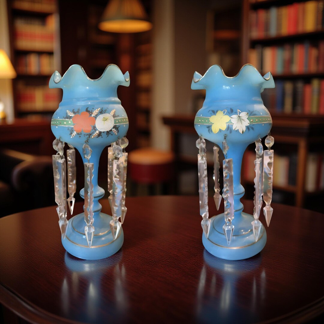 Antique Victorian Blue Glass Lusters – Hand-painted Floral, Crystal ...