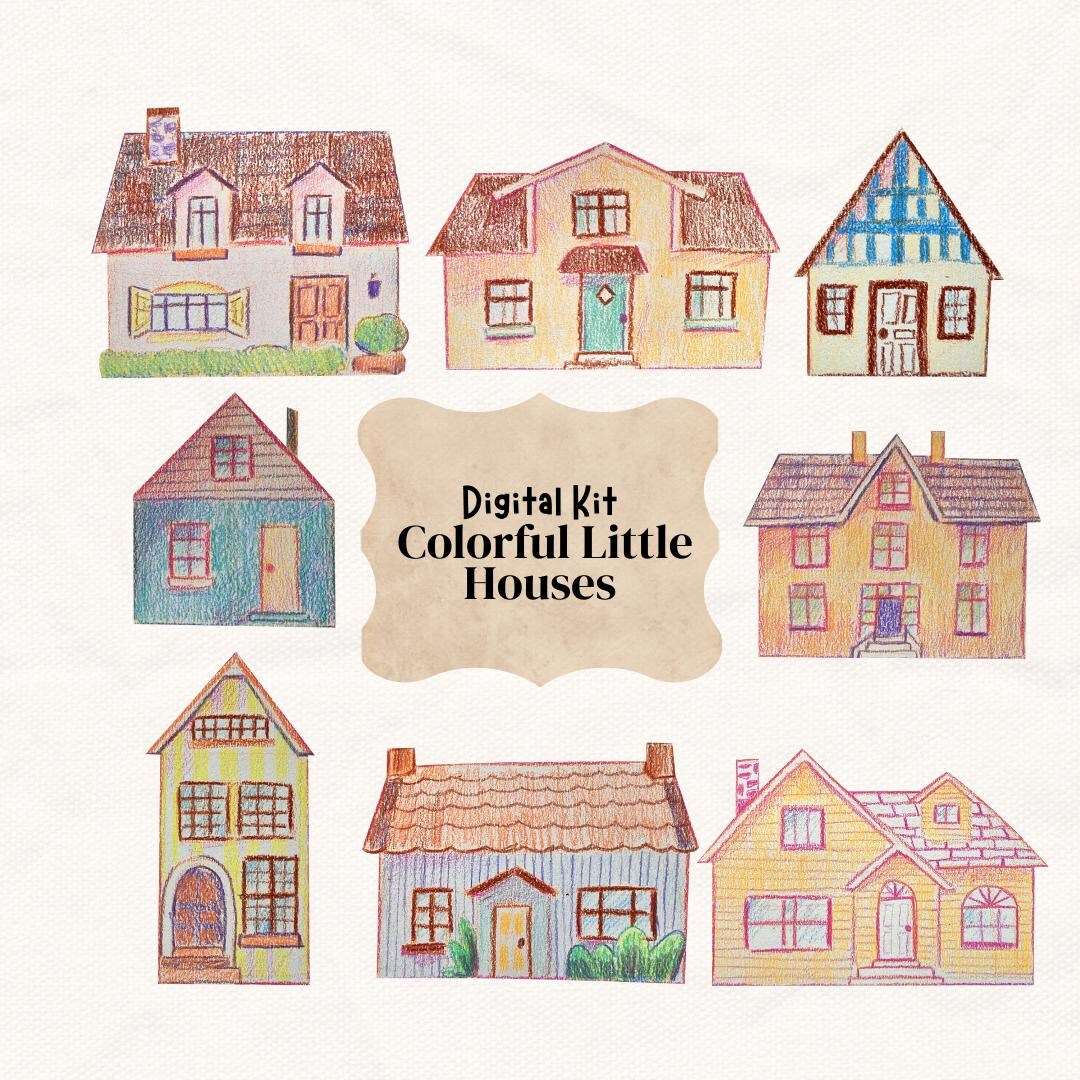 Digital Clipart, Original Illustrations, Digital Kit of Colorful Houses ...