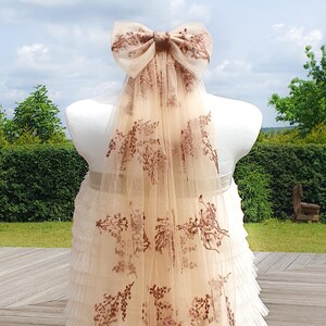 2025 Brown Floral Bow Veil, Embroidered Tulle Hair Bow With Sequins ...
