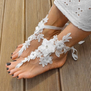 White Lace Barefoot Sandals, Bridal Beach Wedding Foot Jewelry, Organza ...