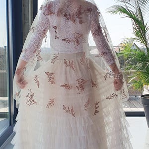 2025 Brown Floral Bow Veil, Embroidered Tulle Hair Bow With Sequins ...