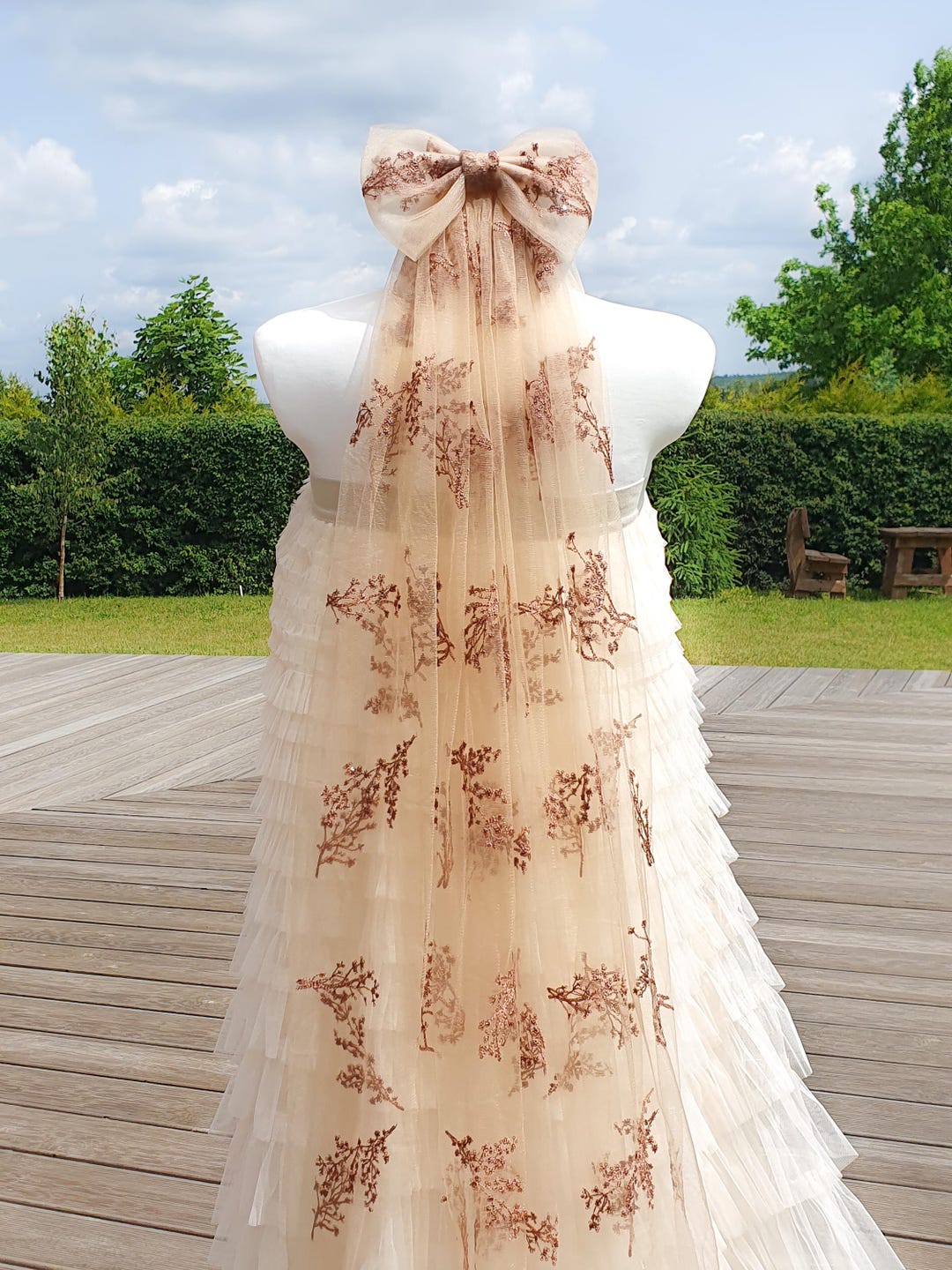 2025 Brown Floral Bow Veil, Embroidered Tulle Hair Bow With Sequins ...