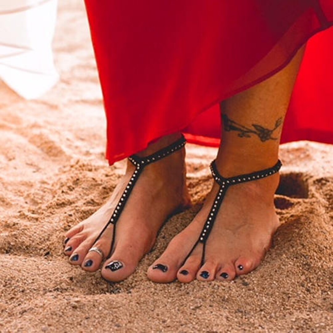 Black Barefoot Sandals Steampunk Foot Jewelry Beach Wedding Sandals ...