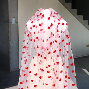 Red Heart Tulle Bridal Cape Veil, Valentine’s Day Wedding Cape With ...
