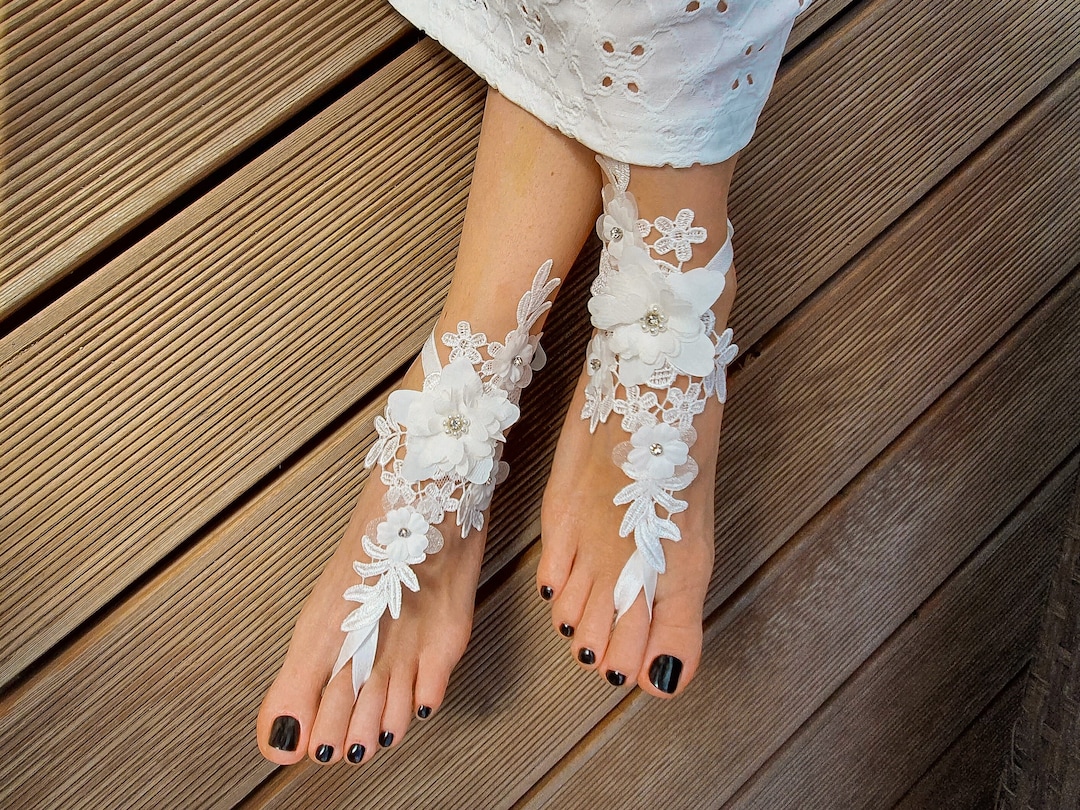 White Lace Barefoot Sandals, Bridal Beach Wedding Foot Jewelry, Organza ...
