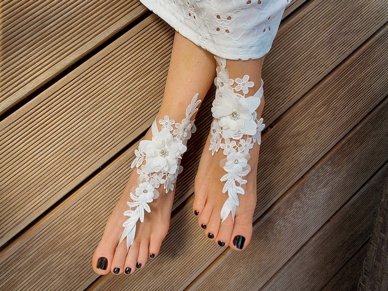 White Lace Barefoot Sandals, Bridal Beach Wedding Foot Jewelry, Organza ...