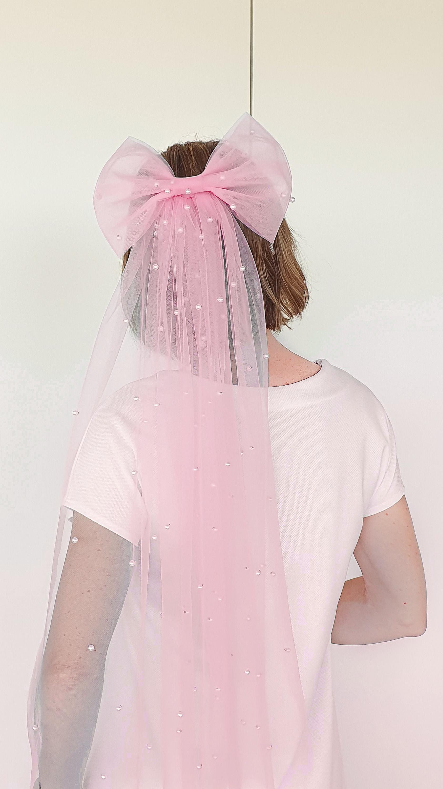 Bridal Bow Veil in Pink, Modern Wedding Veil, Tulle Hair Piece, Short ...