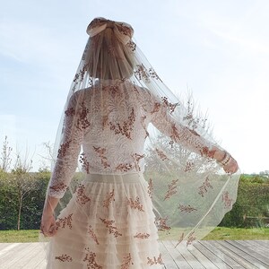 2025 Brown Floral Bow Veil, Embroidered Tulle Hair Bow With Sequins ...