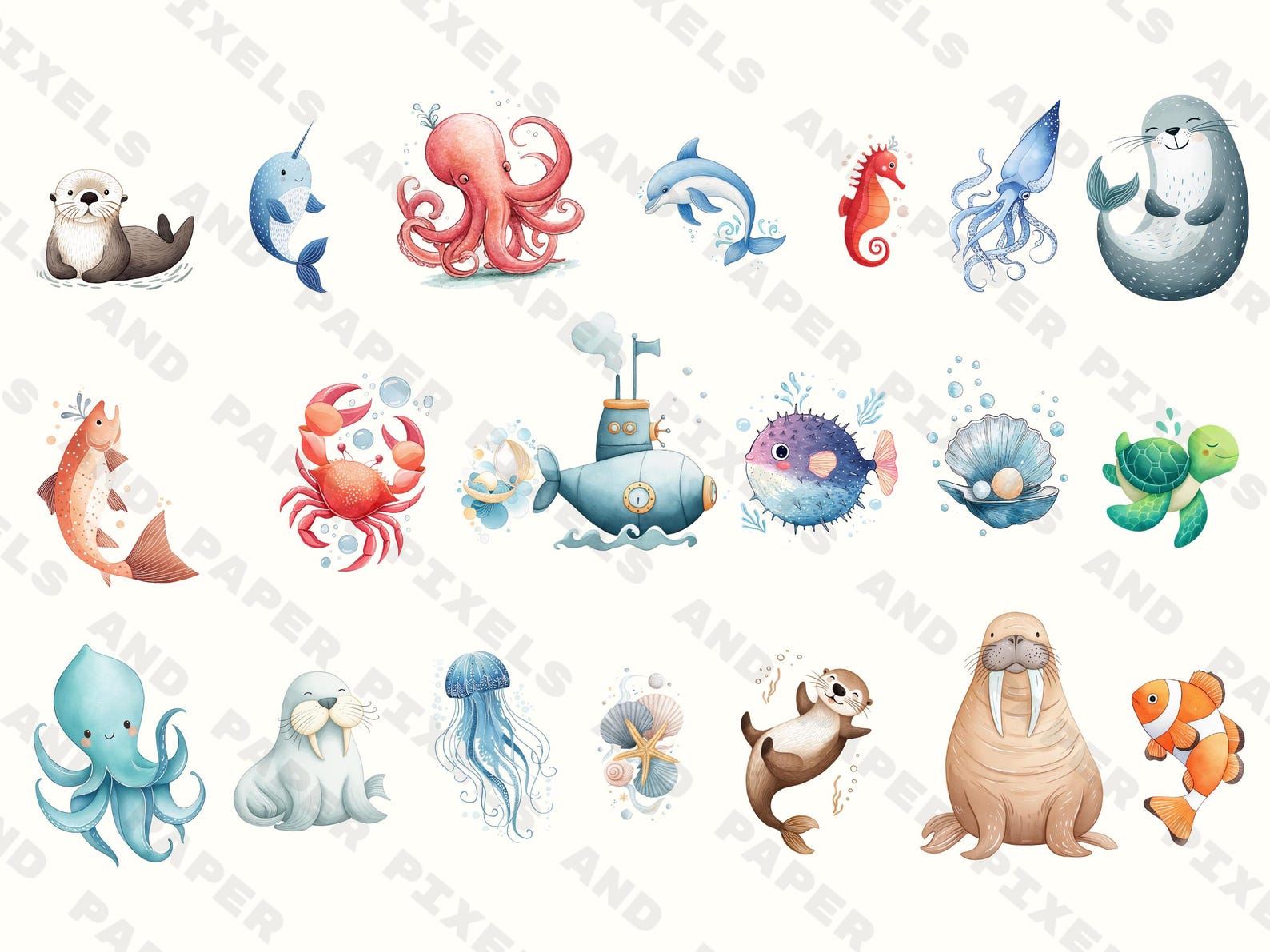 Watercolor Ocean Animals Clipart: Sea Turtle, Dolphin, Sealife (digital ...