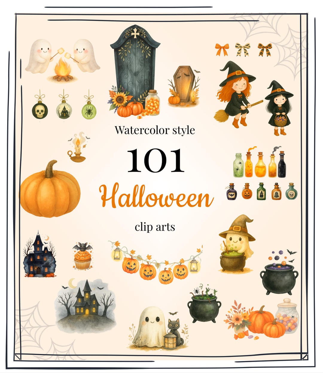 Halloween Watercolor Clipart Bundle: 101 PNG Elements (digital Download ...