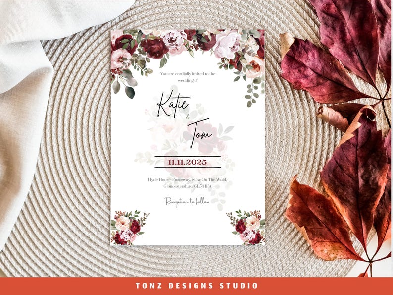 Burgundy Floral Wedding Invitation Template | Elegant Printable Invite ...