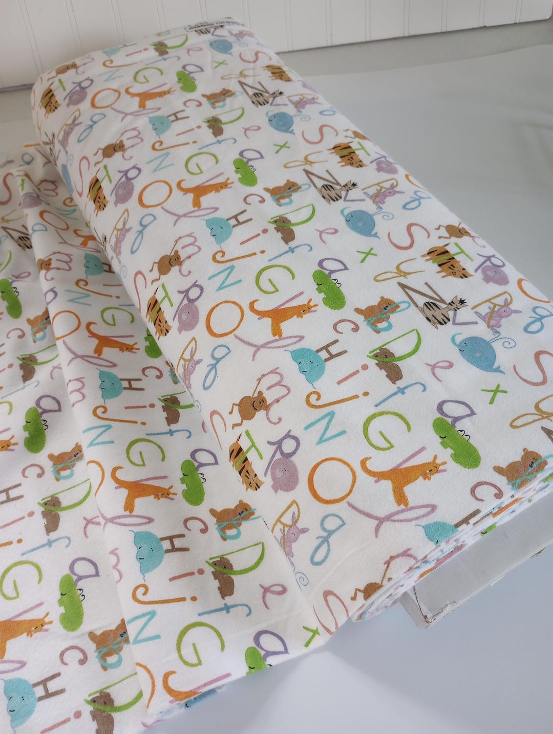 Animal Alphabet Flannel Fabric by the Yard, Soft White Cotton for Baby ...