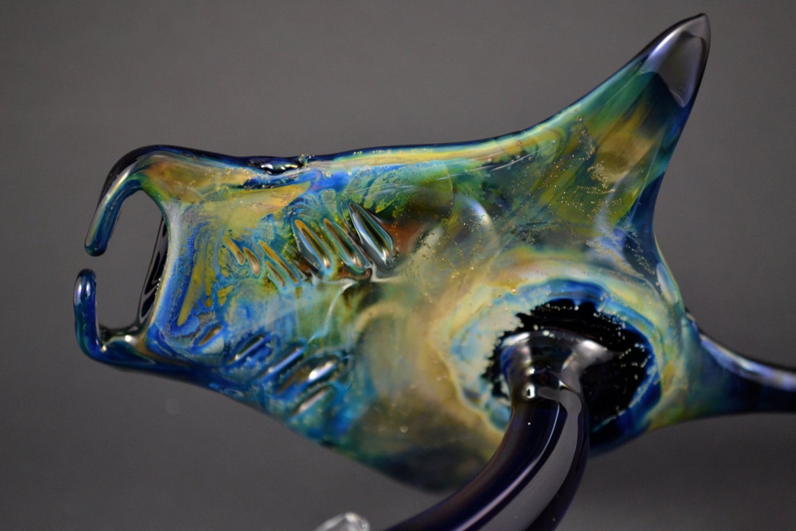 Black Glass Manta Ray on Base, Lampwork Sea Life Sculpture, Ocean and ...