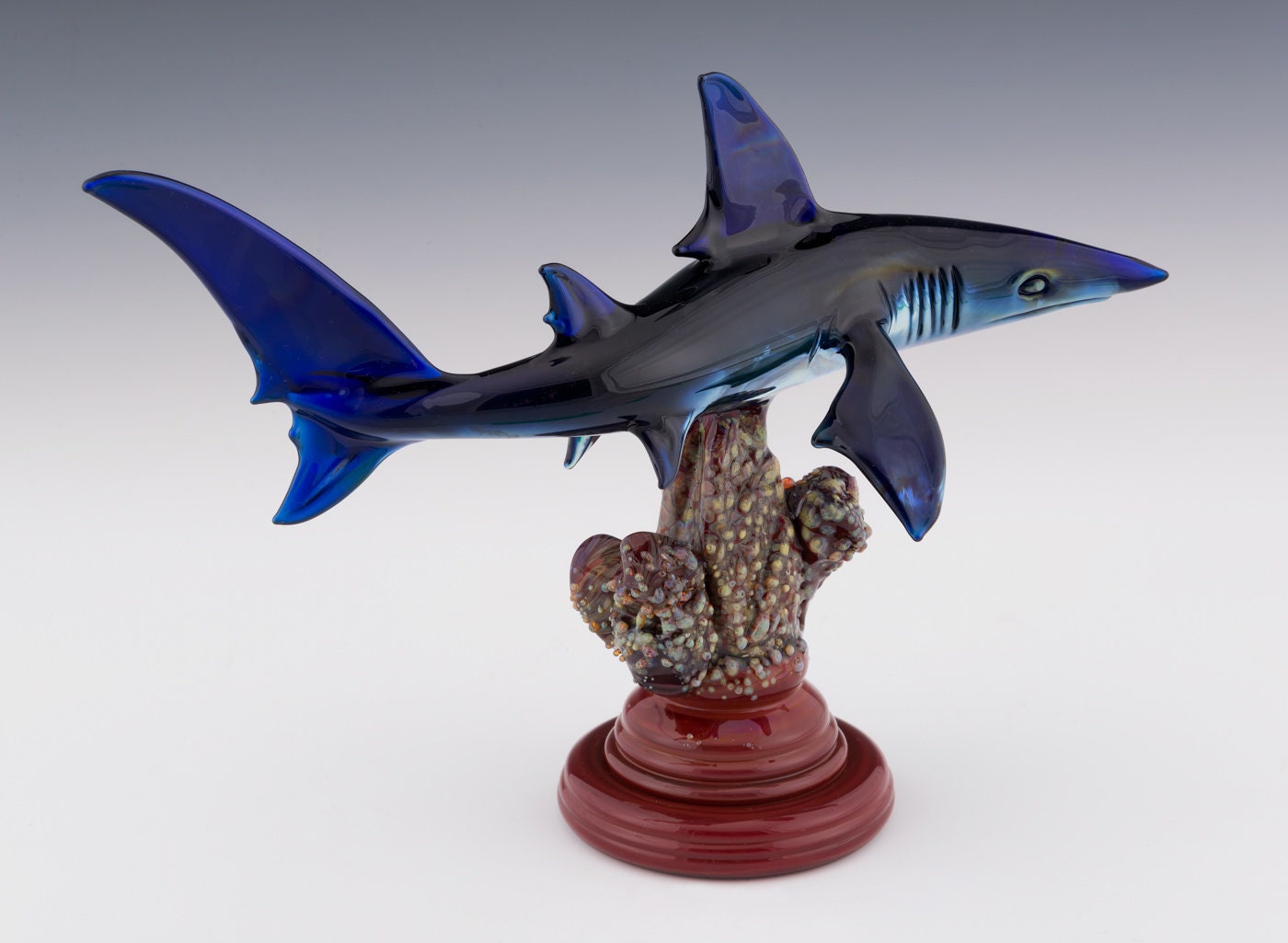 Glass Blue Shark on Glass Base With Barnacles, Lampwork Sea Life ...