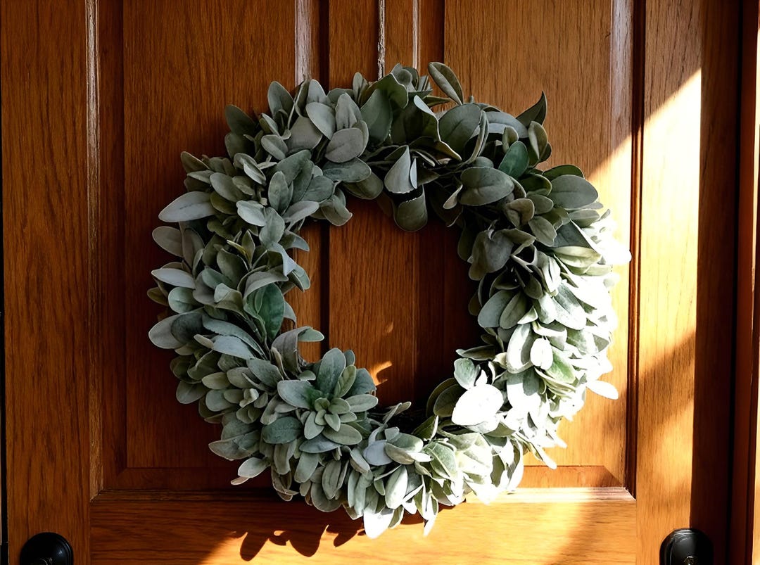 Faux Green Leaf Wreath – Flocked Lamb’s Ear Door Garland | Christmas ...