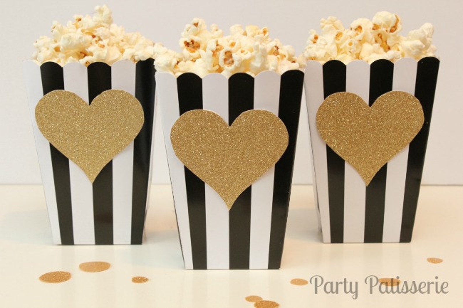 Black & White Striped Popcorn Boxes with Gold Glittered Heart | Etsy