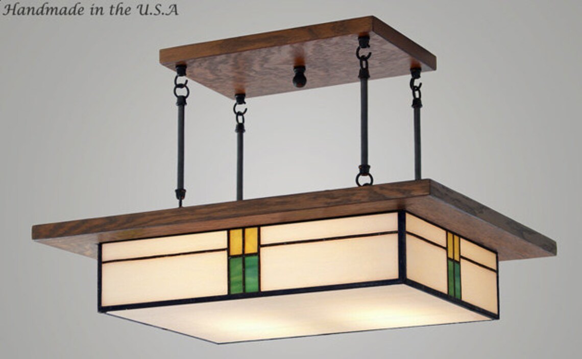 Mission Style Prairie Chandelier – Oak Ceiling Light – Artisan Dining ...