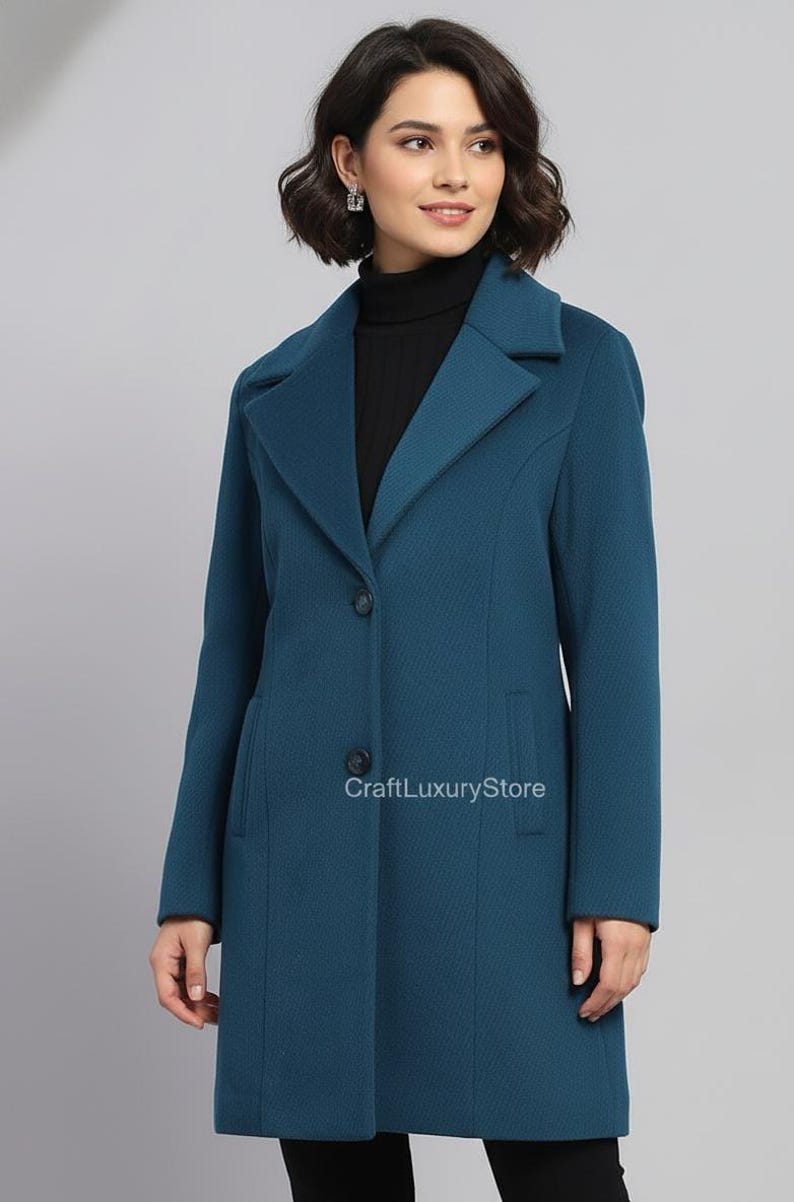 Teal Blue Notched Lapel Coat for Women – Elegant Long Wool Blend ...