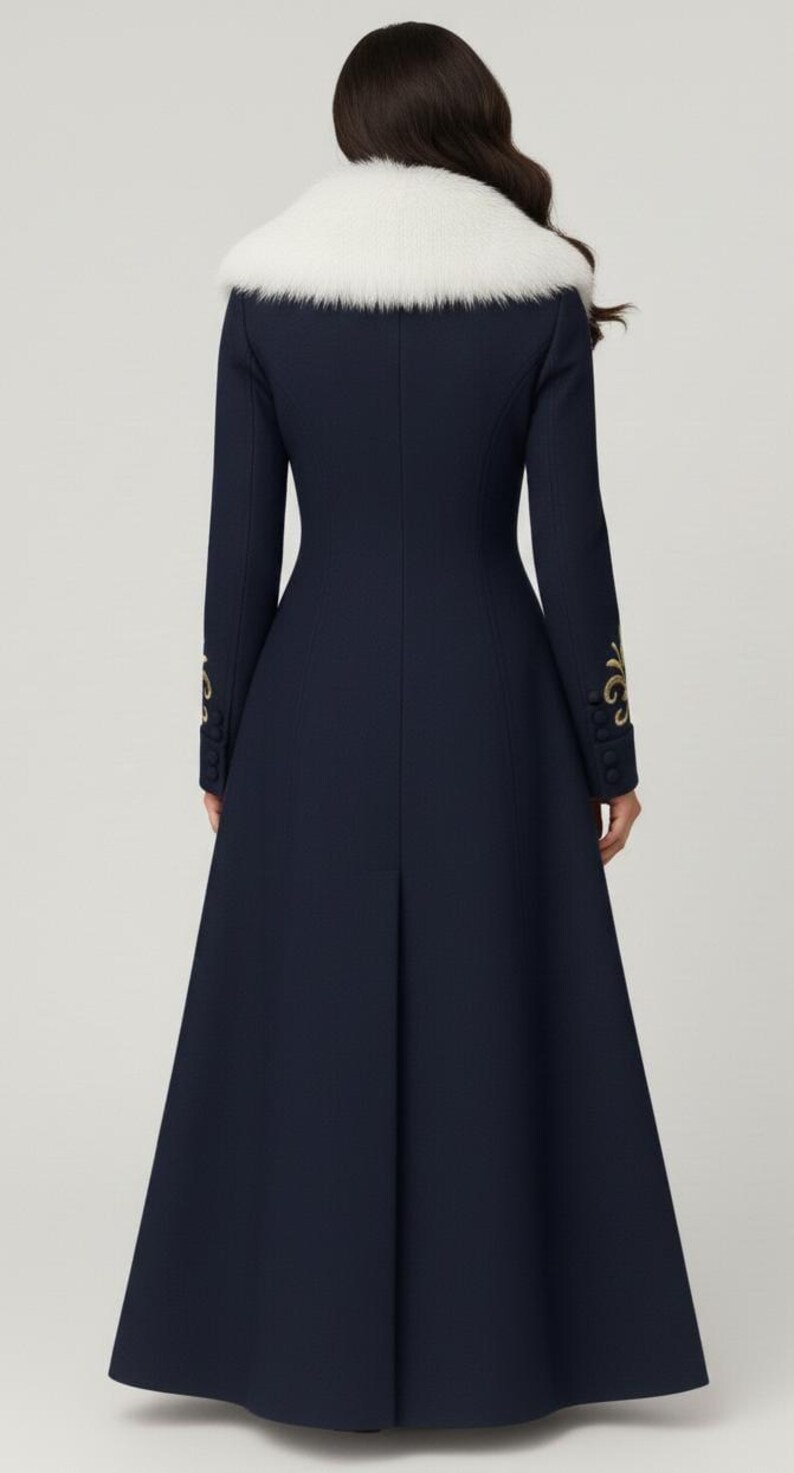 Women Navy Blue Long Winter Coat With White Fur Collar & Gold ...