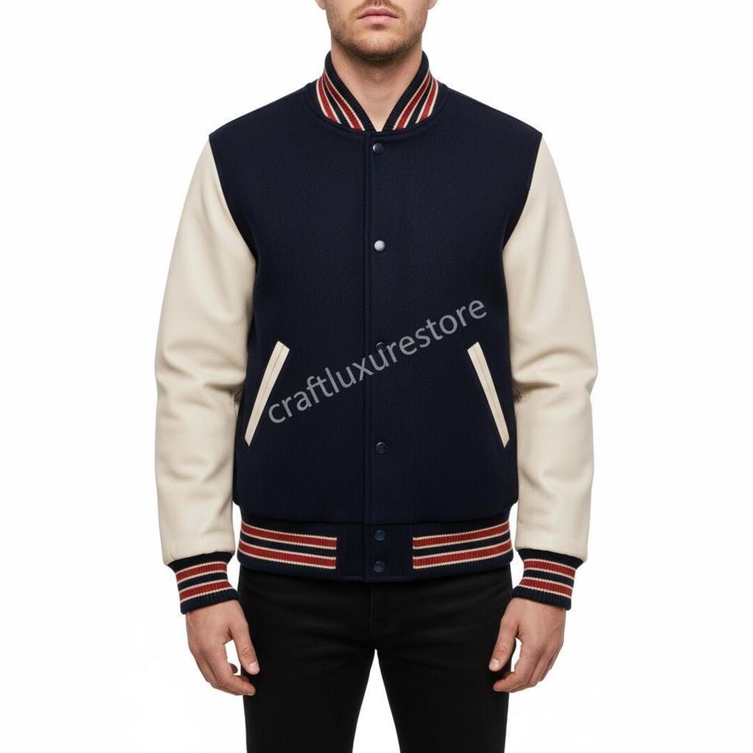 Men’s Navy & Cream Varsity Jacket | Classic Letterman Style Bomber - Etsy