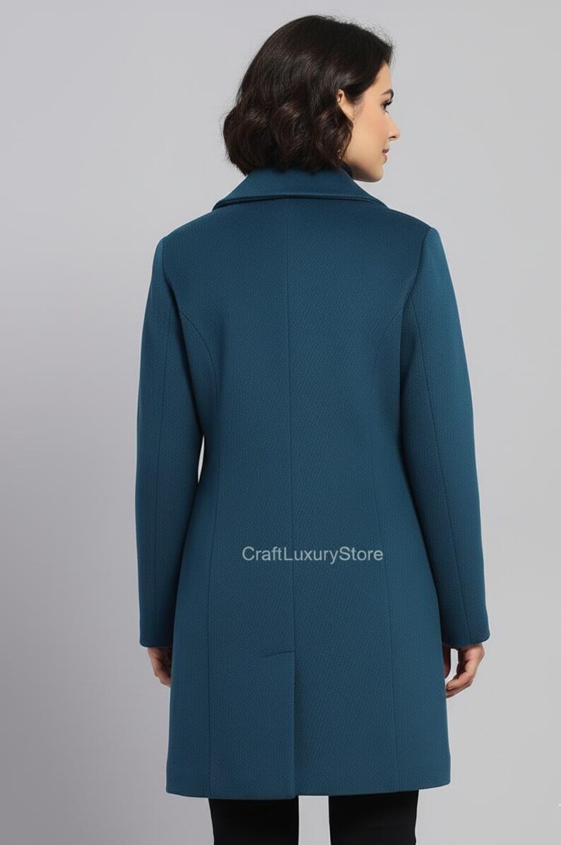 Teal Blue Notched Lapel Coat for Women – Elegant Long Wool Blend ...