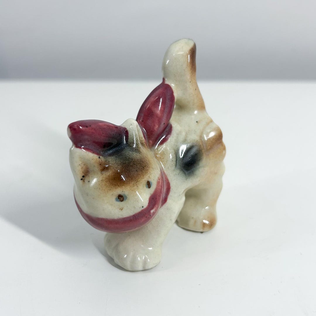 Vintage Japanese Porcelain Miniature Calico Cat Figurine With Red Bow ...