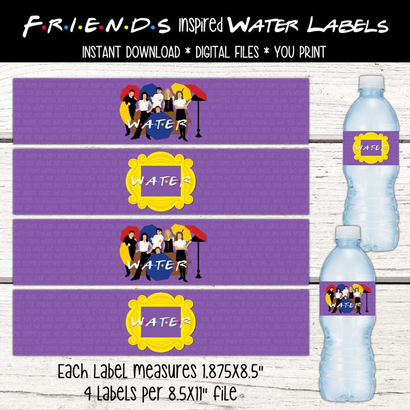 Friends Inspired Water Bottle Labels, Friends Water Labels, Friends ...