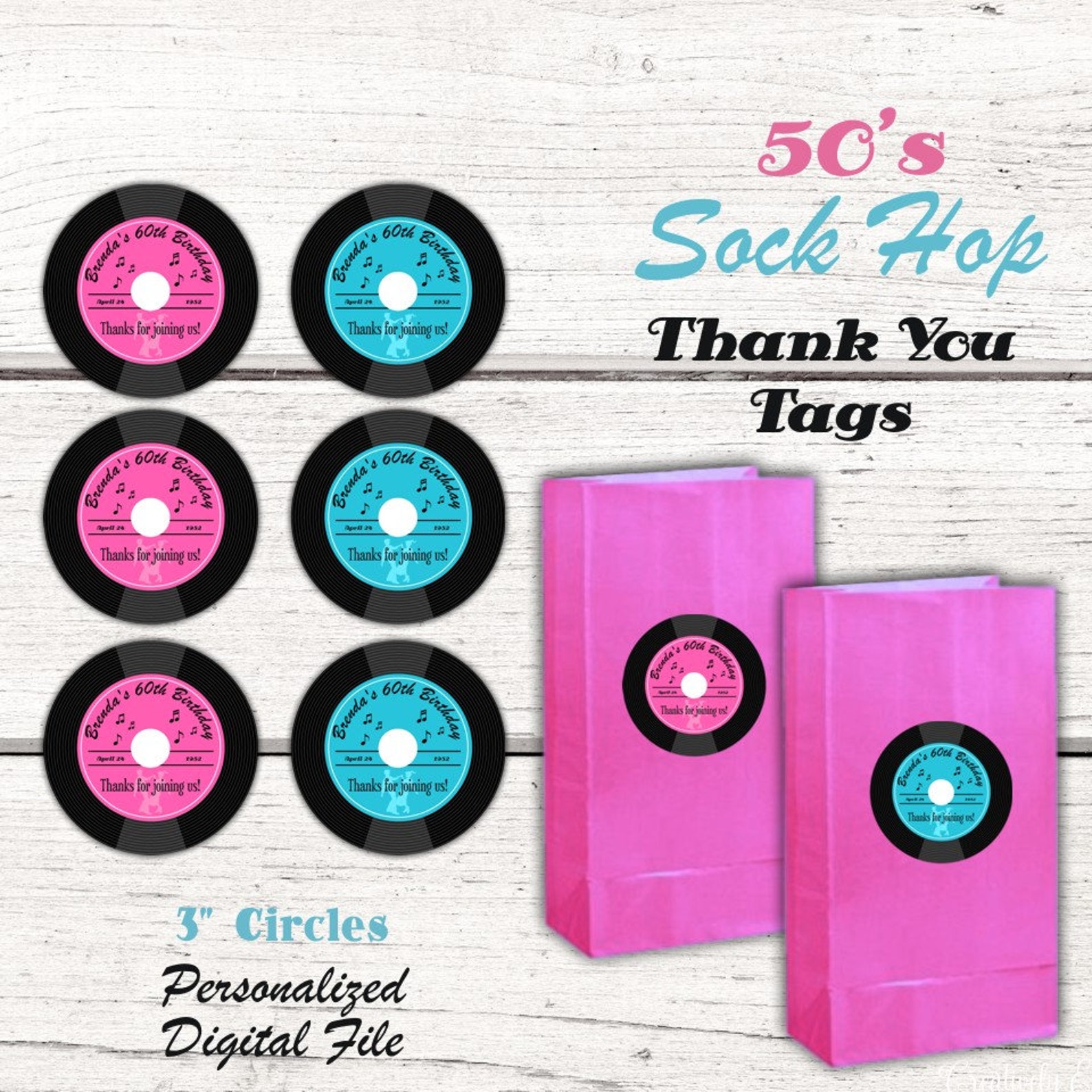 1950's Birthday Party 3 Inch Thank You Tags, 50's Sock Hop Party ...