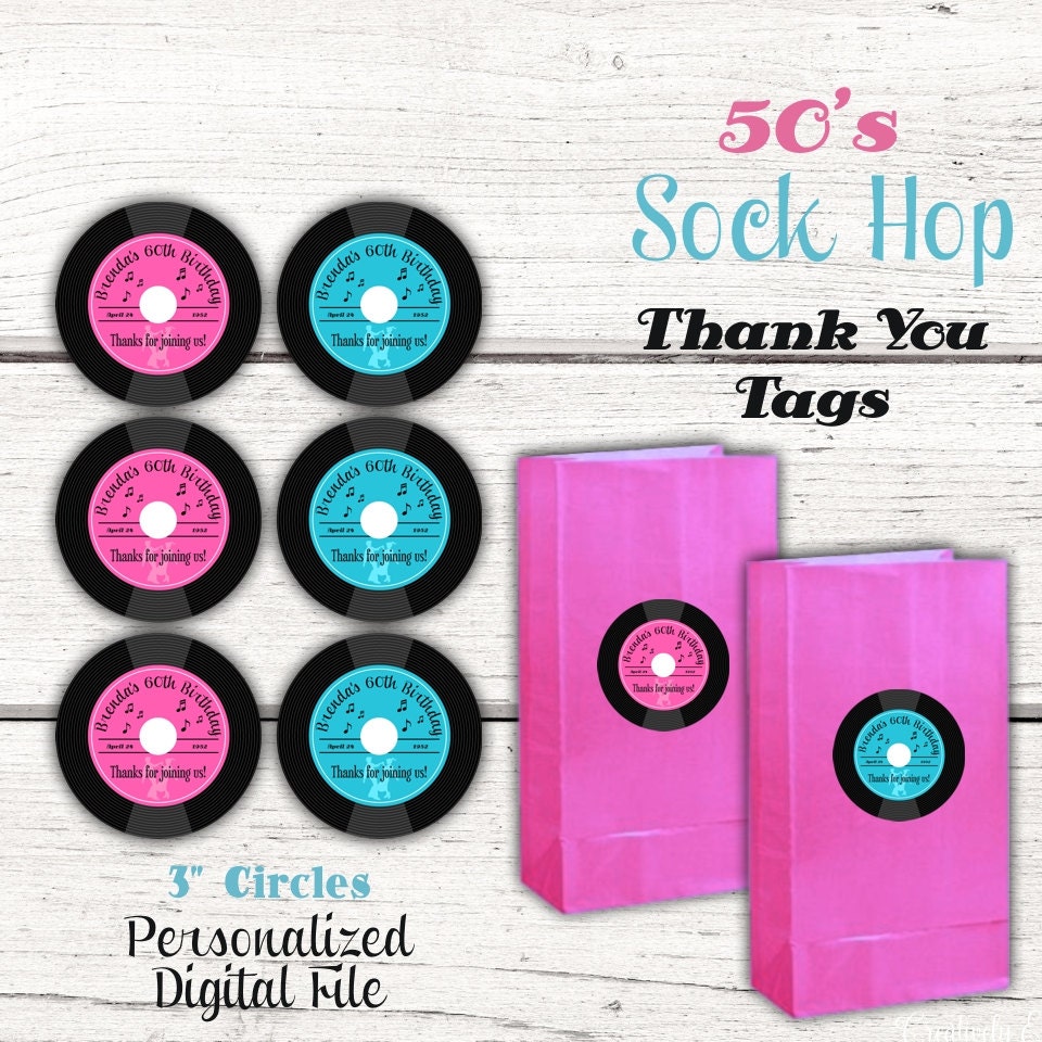 1950's Birthday Party 3 inch Thank you tags 50's sock | Etsy