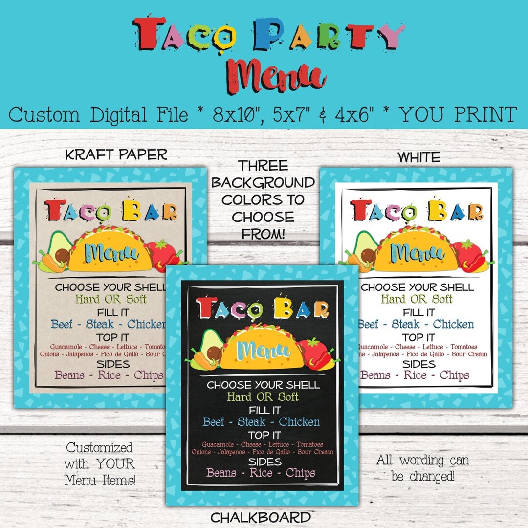 Custom Taco Party Menu. Cinco De Mayo Menu. Taco Bar Party Menu ...