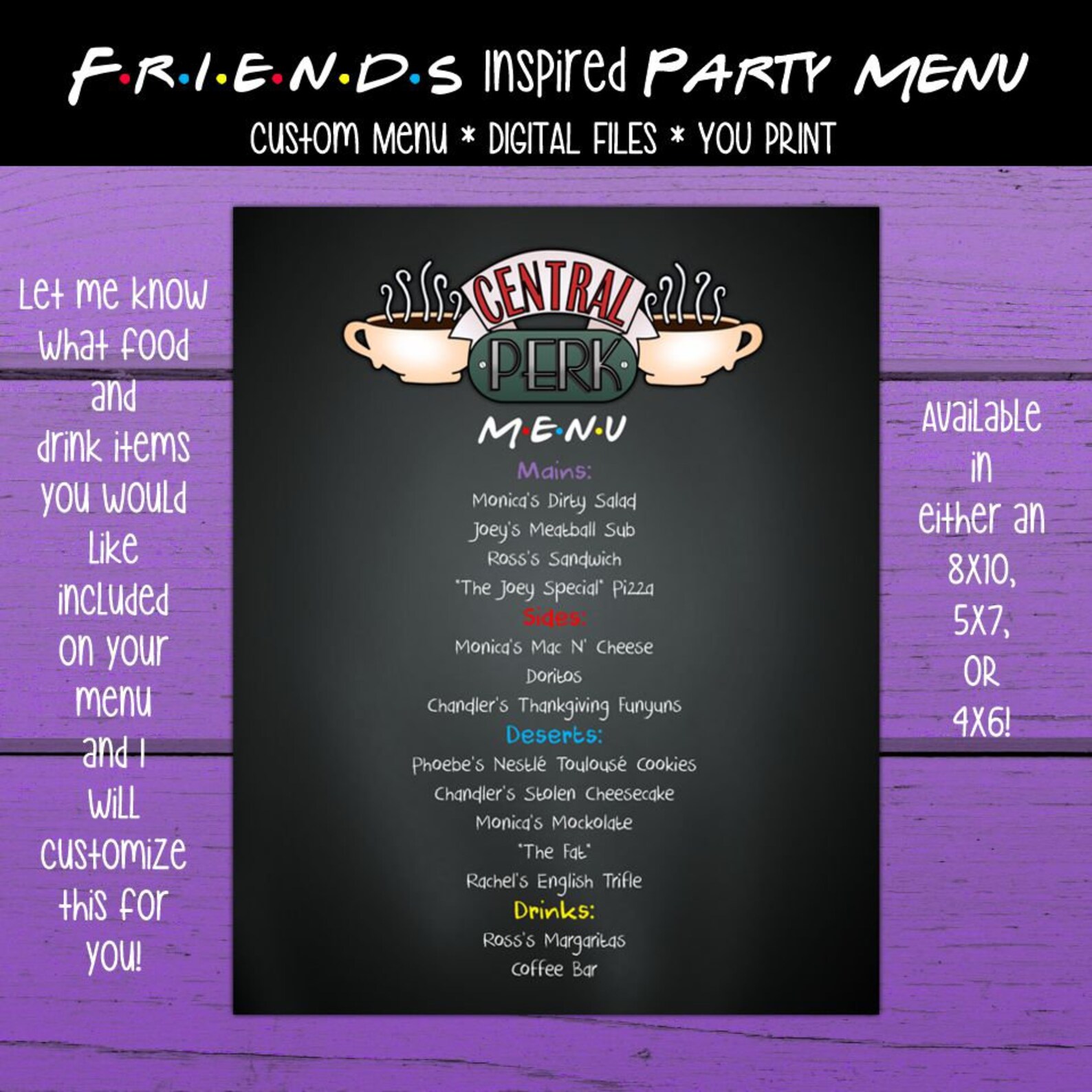 Custom Friends Inspired Party Menu. Birthday Party Menu. | Etsy