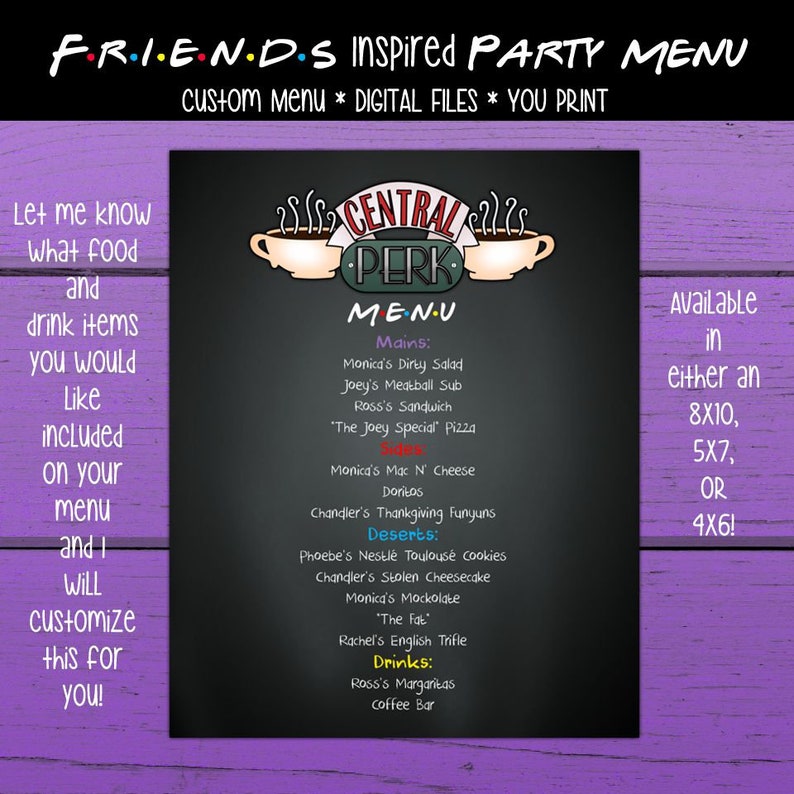 Custom Friends Inspired Party Menu. Birthday Party Menu. - Etsy