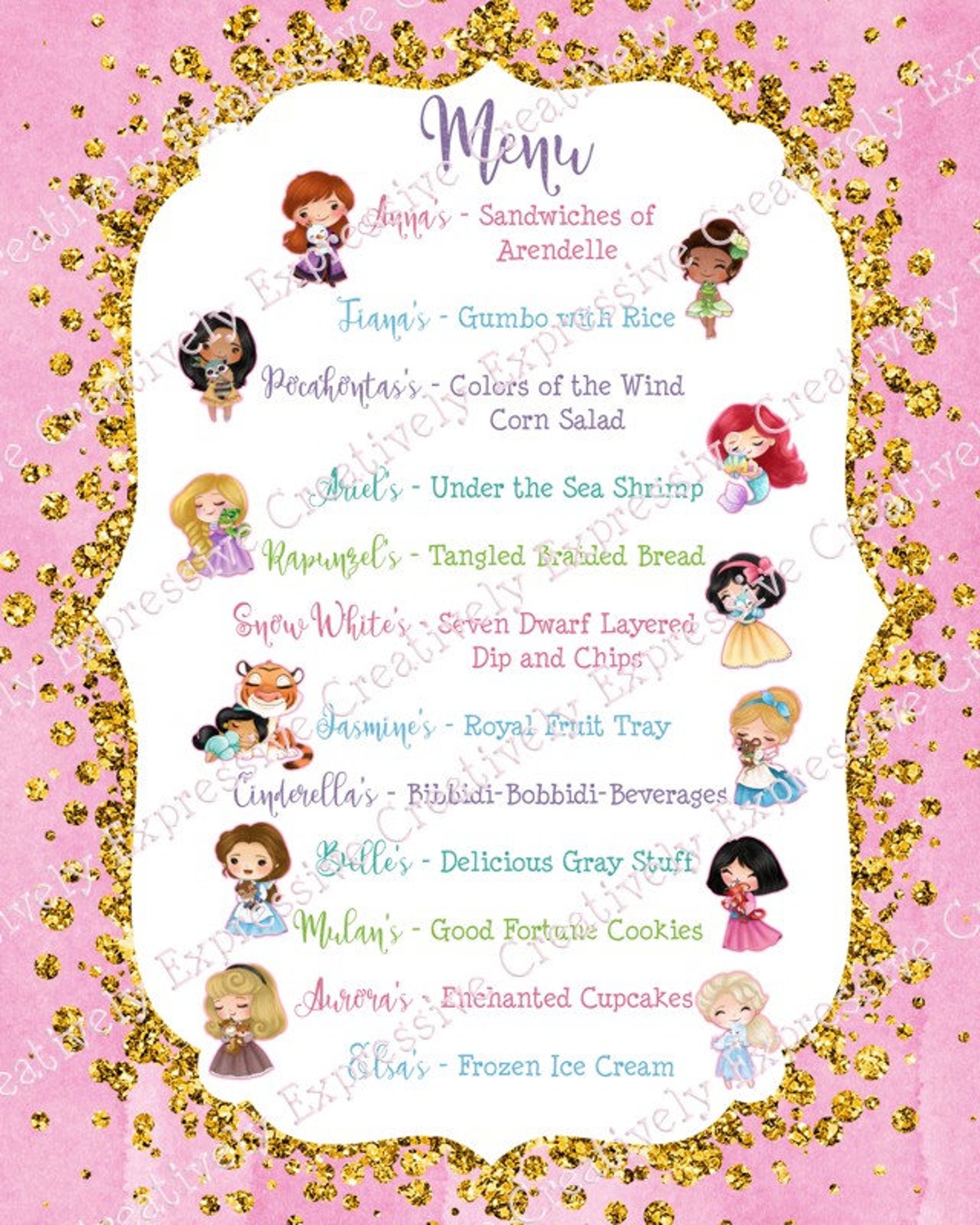 Custom Princess Birthday Party Menu, Princess Baby Shower Menu, Menu ...