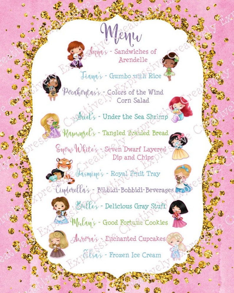 Custom Princess Birthday Party Menu, Princess Baby Shower Menu, Menu ...