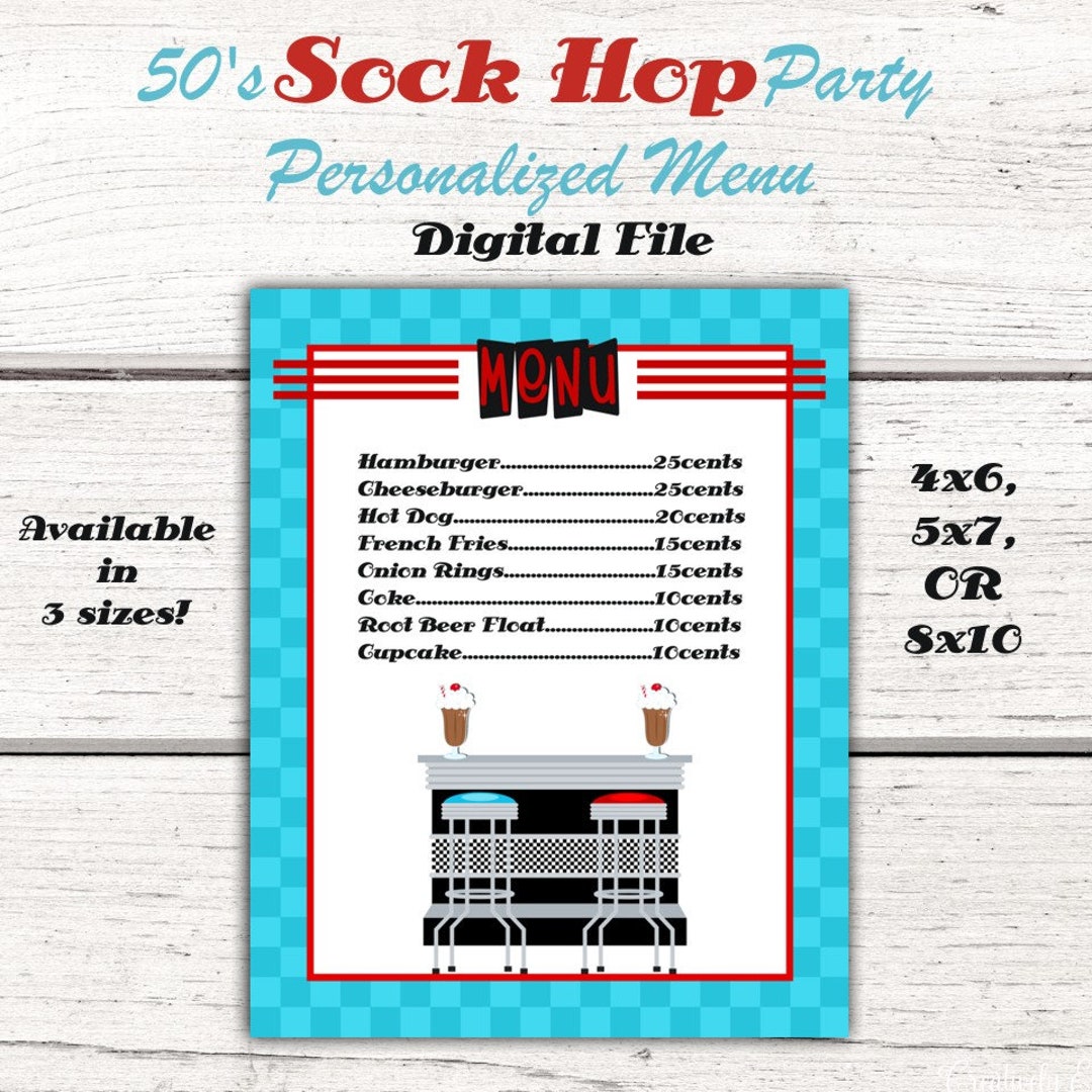 1950's Birthday Party Menu, 50's, Fifties, Sock Hop, Diner, 50's Party ...