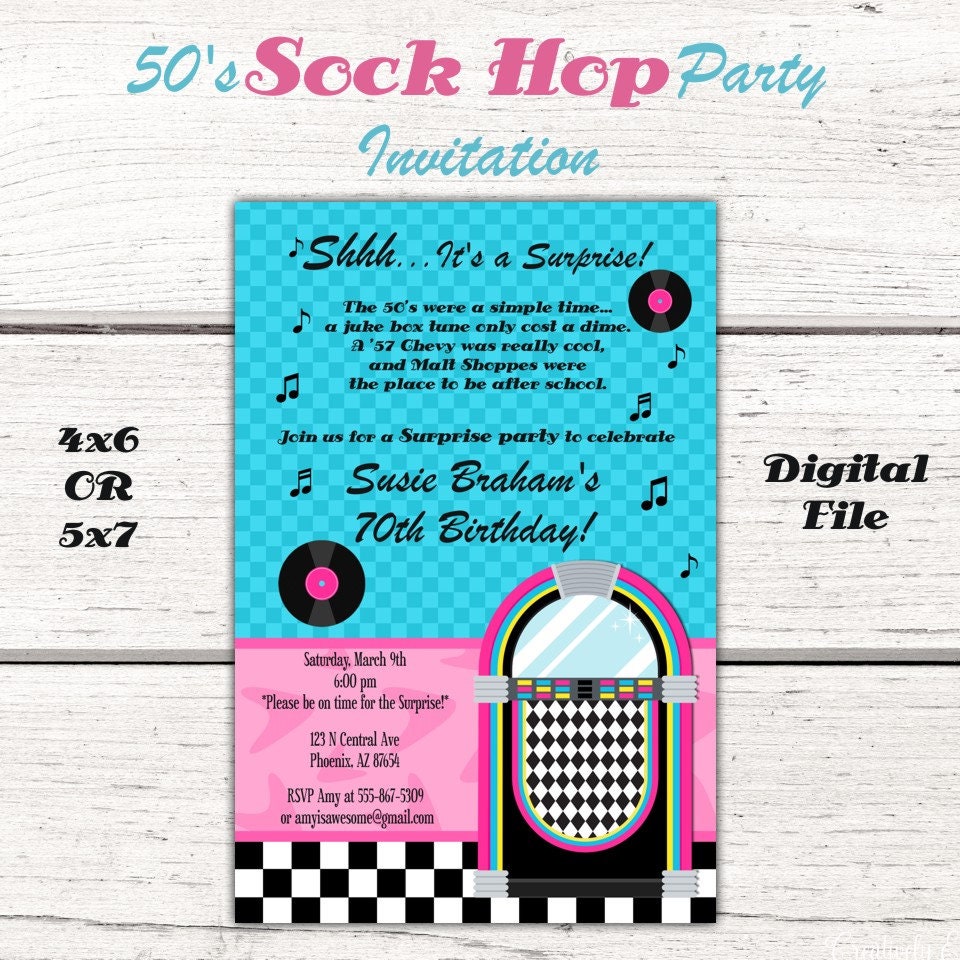 1950's Birthday Party Invitation, Fifties, 50's, Sock Hop, Diner ...