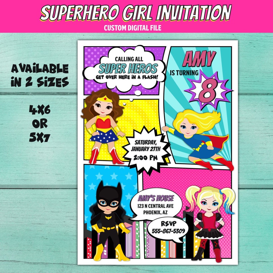 Superhero Girl Birthday Party Invitation. Super Hero Girl Invitation ...