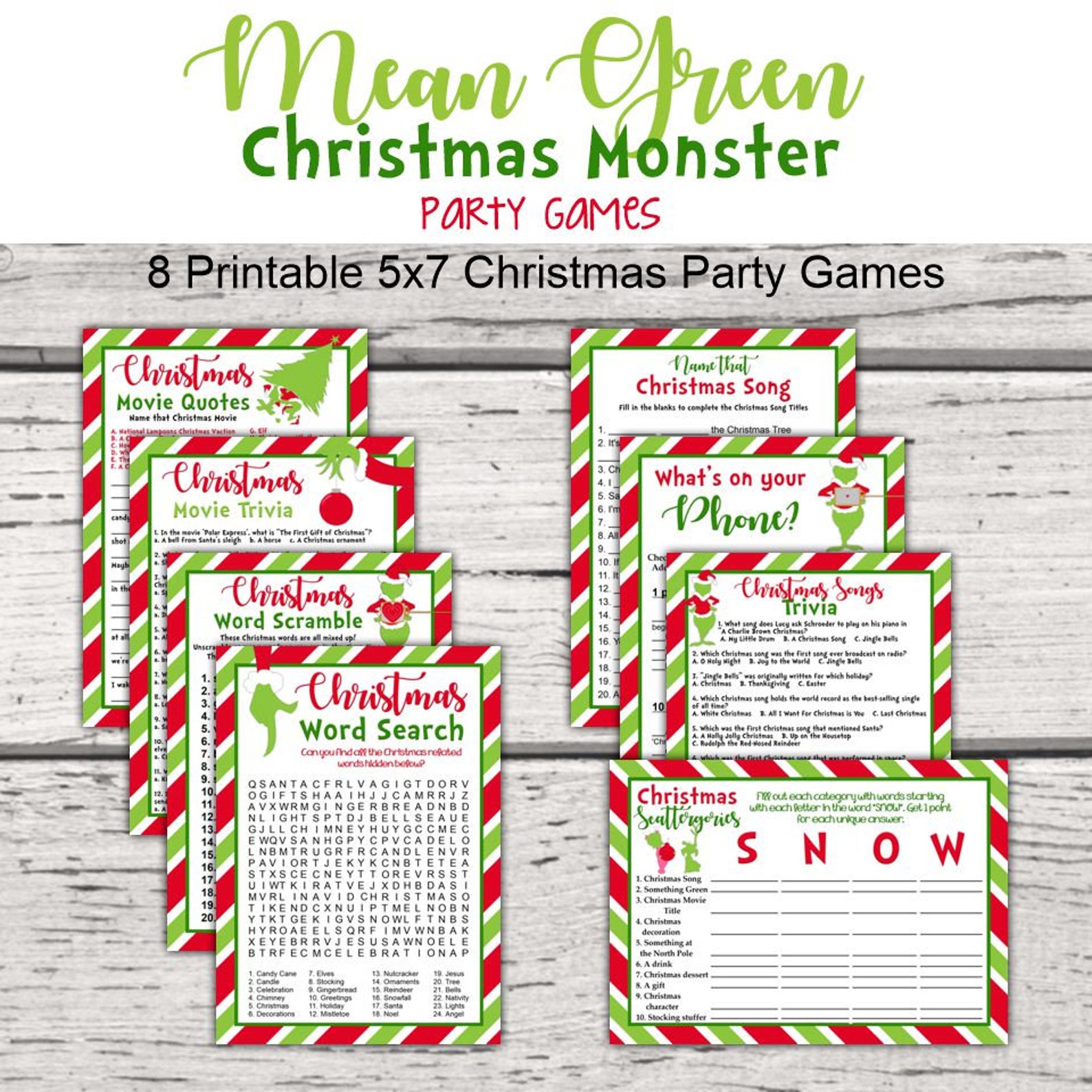 Mean Green Christmas Monster Party Games Package. 8 Printable - Etsy