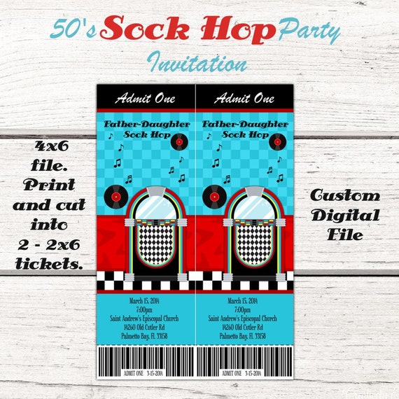 1950's Ticket Style Invitation, Birthday Invitation, 50's, sock hop ...