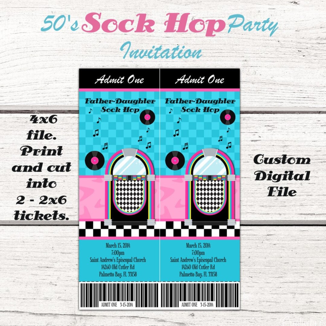 1950's Ticket Style Invitation, Birthday Invitation, 50's, Sock Hop ...